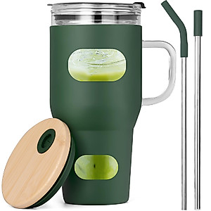 32 oz Glass Tumbler with Straw and Lid, Glass Water Bottle with Handle, Iced Coffee Tumbler with Silicone Sleeve, Christmas Gifts for Women Men, BPA Free Glass Cup Reusable Drinking Glasses