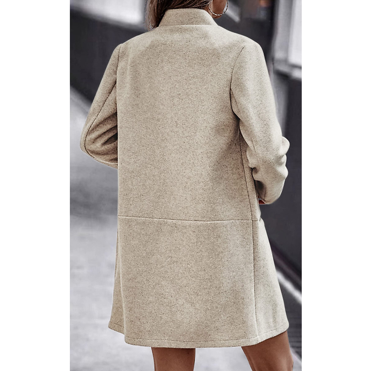 Angashion Women’s Coat, Long Sleeve Stand Collar Cardigan Mid-Long Open Front Outwear Overcoat with Zipper Pockets Beige Large