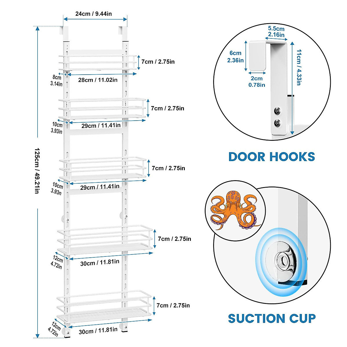 Purdaz Adjustable 5-Tier Over the Door Pantry Organizer, Spice Rack, Narrow Hanging Shelf for Kitchen Storage and Organization (White)