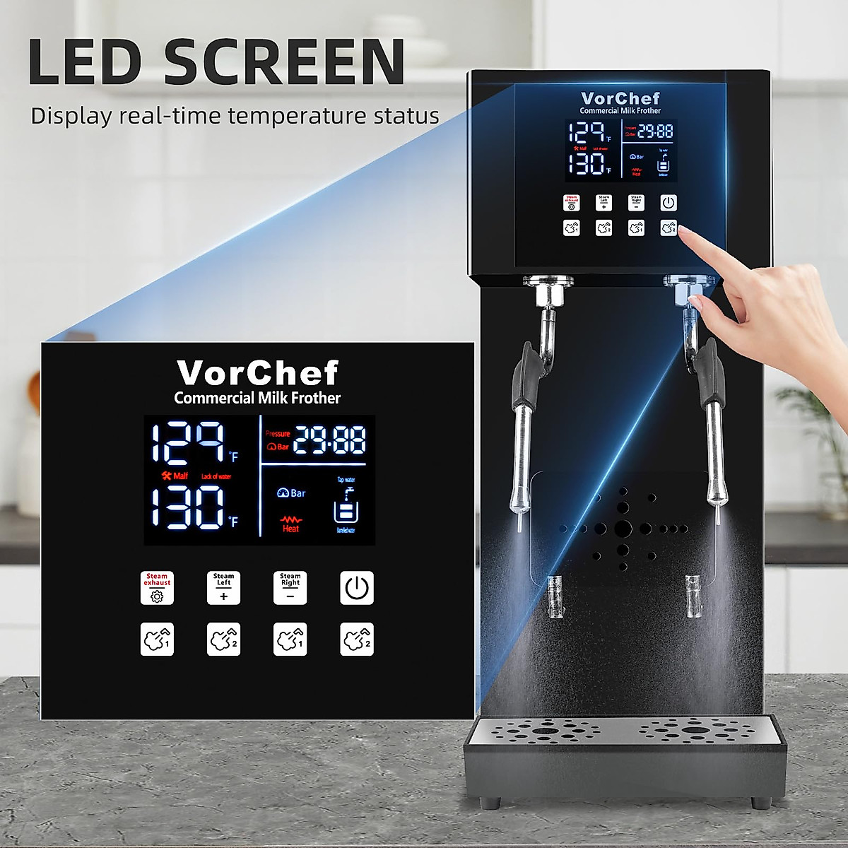 LesNau Commercial Milk Frother, Automatic Steam Boiling Water Machine 110V 2200W Electric Steam Milk Frothing Machine Espresso Coffee Milk Foam Machine Steamer with LED Display for Coffee Tea Shop