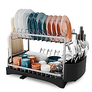 Dailyart Dish Racks for Kitchen Counter Aluminum 2-Tier Dish Drying Rack with Drainboard，Large Capacity 6-in-1 Dish Rack with 360°Swivel Spout, Never Rust Compact Detachable Dish Drainer, Gray
