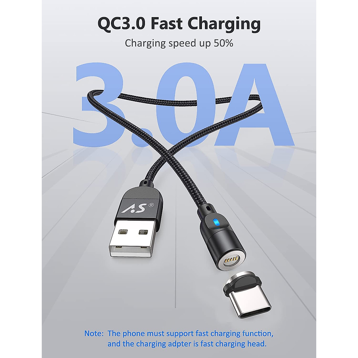 A.S Magnetic Charging Cable, Magnetic Type C Cable Fast Charging Data Sync Magnetic Cable Magnetic Phone Charger for Micro USB, USB C, i-Product Smartphones(3.3ft/3.3ft/6.6ft/6.6ft,Black)