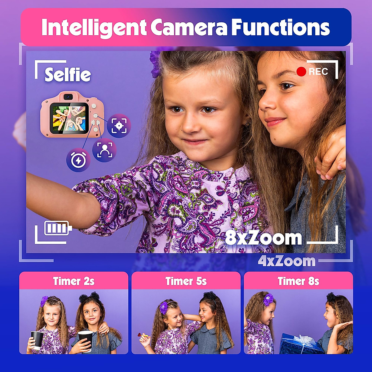 Kids Camera for Boys and Girls - BELLOCHIDDO Toddler Camera for Kids Toy Gift, Children Camera Christmas Birthday Gifts for Age 3-8 with 32GB SD Card, Selfie Camera Recorder 1080P IPS 2 Inch(Pink)