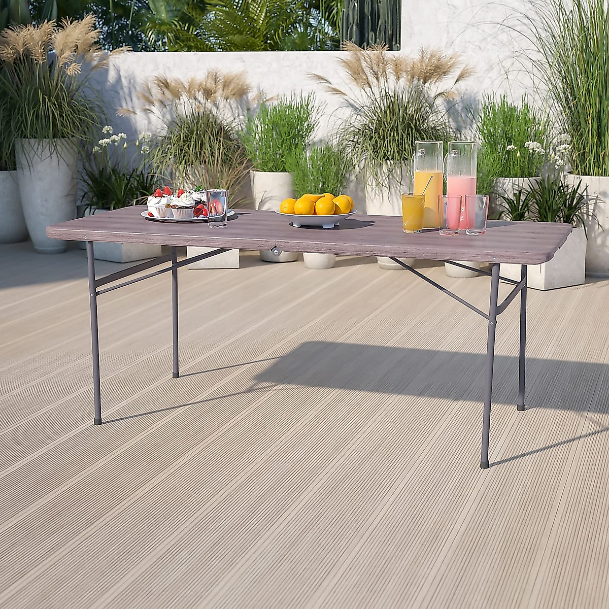 Flash Furniture Elijah 6-Foot Bi-Fold Brown Wood Grain Plastic Folding Table with Carrying Handle