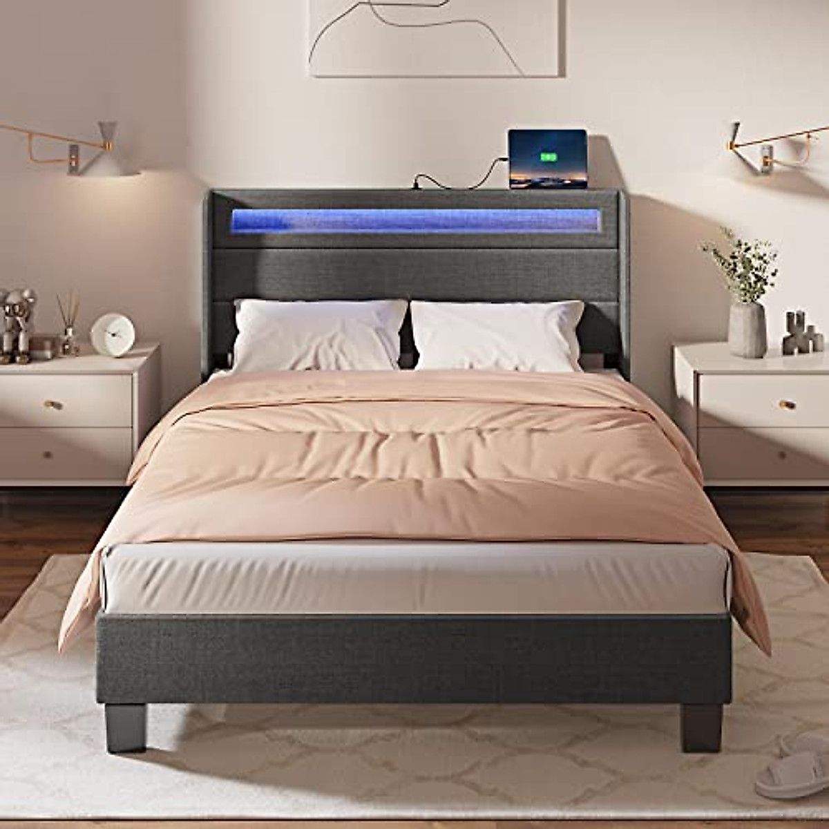 Rolanstar Bed Frame Queen Size with Headboard, Upholstered Platform Bed Frame Queen with LED Lights and USB Ports, Motion Activated Night Light & Solid Wood Slats, No Box Spring Needed, Dark Grey
