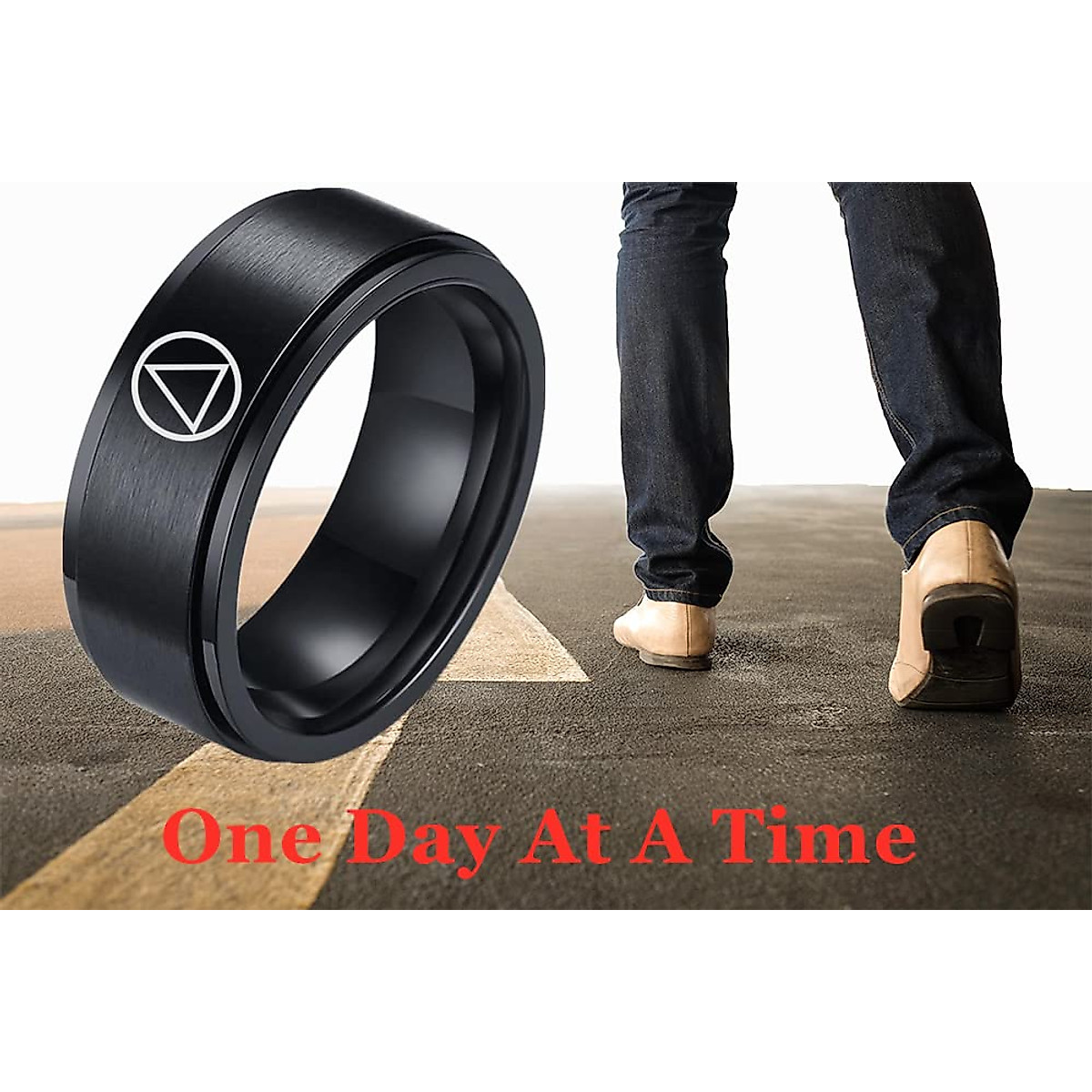 Inspirational One Day At A Time Sobriety Gifts for Women Men Stainless Steel Sober Recovery Anxiety Spinner Bands Ring Necklace Chain Alcoholics Addiction Recovering Jewelry Gift,Black, #10
