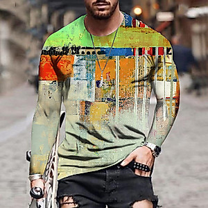 Mens Bee Tops Fashion Hip Hop Long Sleeve Graphic T-Shirt Casual Colorful Tie Dye Pullover Top All Over Print Tee Shirt Khaki