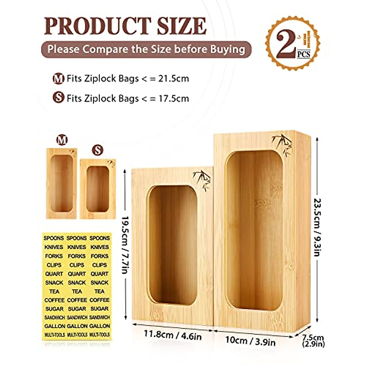Set of 2 Ziplock Bag Storage Organizer, Bamboo Kitchen Food Bags Holder,Counter Drawer Dispenser for Gallon, Quart, Sandwich & Snack Variety Size Bag