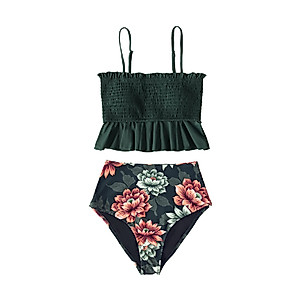 CUPSHE Women's High Waist Bikini Swimsuit Floral Print Ruffle Two Piece Bathing Suit, L Army Green
