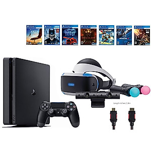 PlayStation VR Start Bundle 10 Items:VR Start Bundle,Sony PS4 Slim 1TB Console - Jet Black,7 VR Game Disc Until Dawn:Rush of Blood, EVE:Valkyrie,Battlezone,Batman:Arkham VR, DriveClub,Eagle Flight