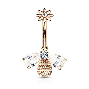 Pierced Owl CZ Crystal Bumble Bee Flower Top Belly Button Navel Ring (Rose Gold Tone)