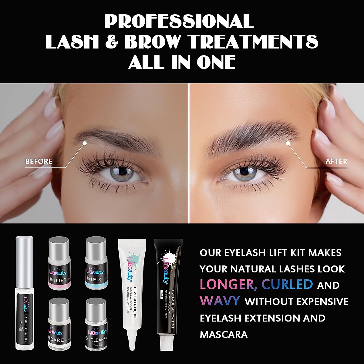 Libeauty Eyelash Lift and Color Kit Brow Lamination with Black Lash Perm Quick Lifting & Voluminous Coloring with Complete Tools DIY Use at Home & Salon Supplies