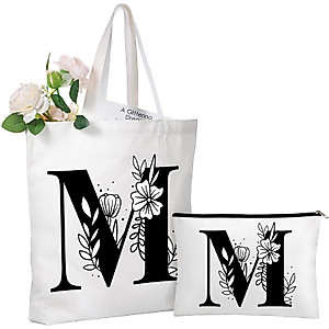 Reginary Monogrammed Initial Tote Bags Personalized Gift for Women Makeup Bag for Wedding Bridesmaid Birthday(Letter M)