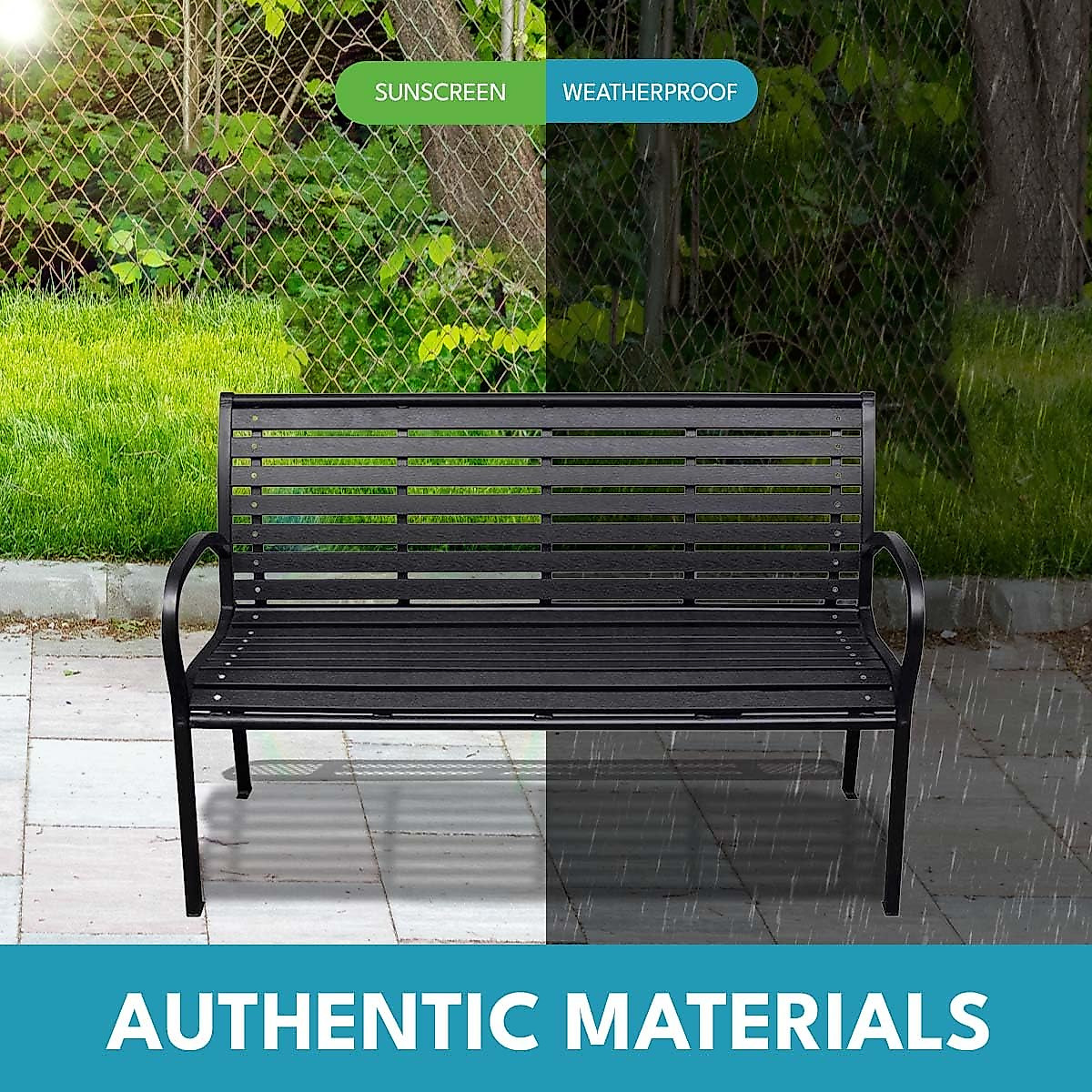FunMay Patio Bench, Black Steel and WPC, Durable Outdoor Seating