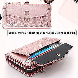 Harryshell Compatible with iPhone 14 / iPhone 13 6.1 inch 2022, [Block Theft Card Scanning], Detachable Magnetic Case Wallet Cash Zipper Pocket Crossbody Lanyard Strap (Floral Rose Gold)