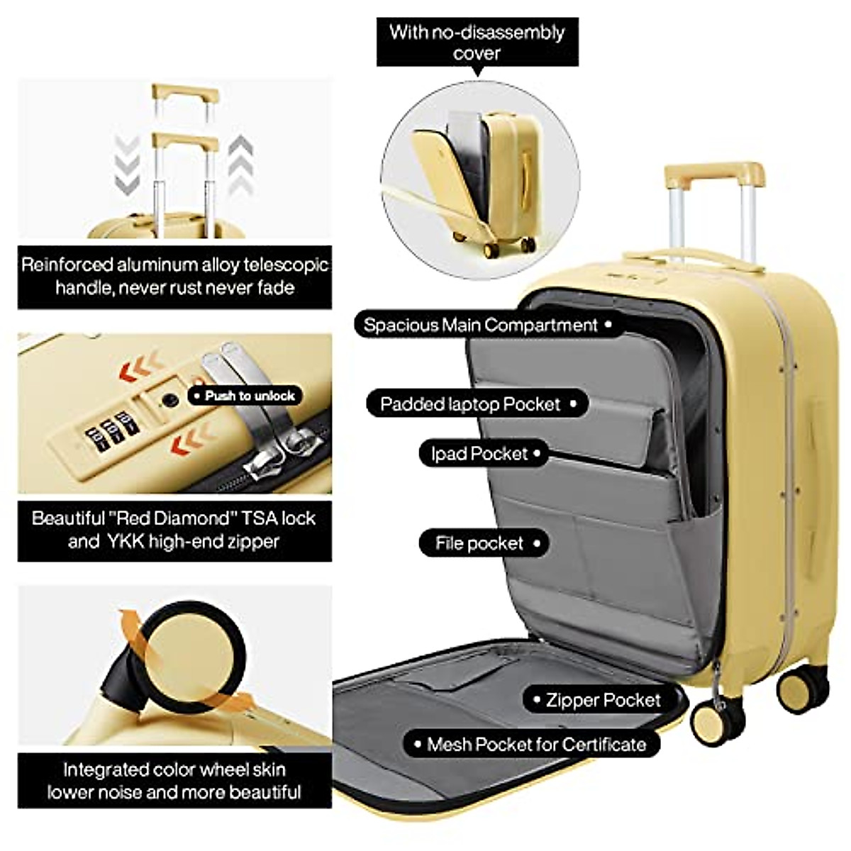 Luggage Suitcase with Spinner Wheels, 24'' Checked Travel Luggage Aluminum Frame PC Hardside with TSA Lock & Cover-Lark Yellow
