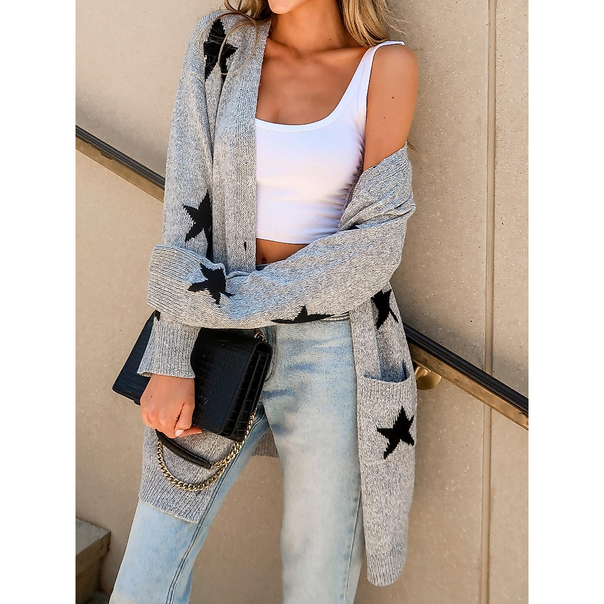 CUPSHE Womens 2024 Fall Open Front Long Sleeve Star Print Knit Cardigan Sweaters Outwear with Pockets Grey, XL