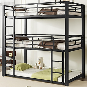 Heavy Duty Triple Bunk Bed Twin Over Twin Over Twin, Metal 3 Bunk Bed with 2 Ladder and Guardrail, Twin Size Triple Bunk Bed for Kids, Teens, Black