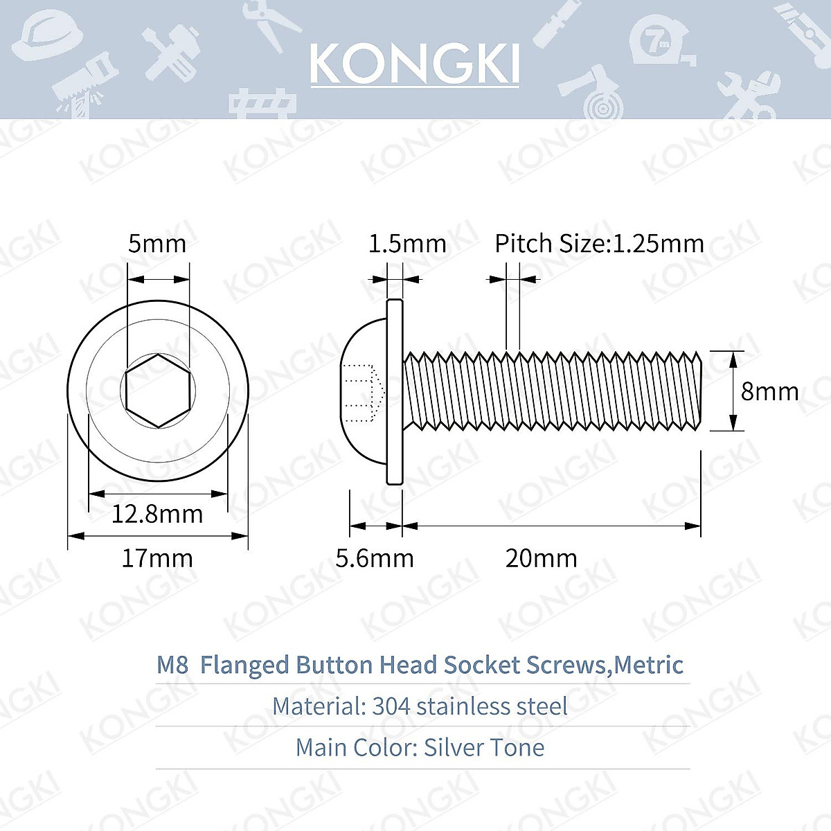 M8-1.25 x 20mm Flanged Button Head Socket Cap Screws, Stainless Steel 304, Allen Socket Drive,Full Thread, Machine Thread,Quantity 10
