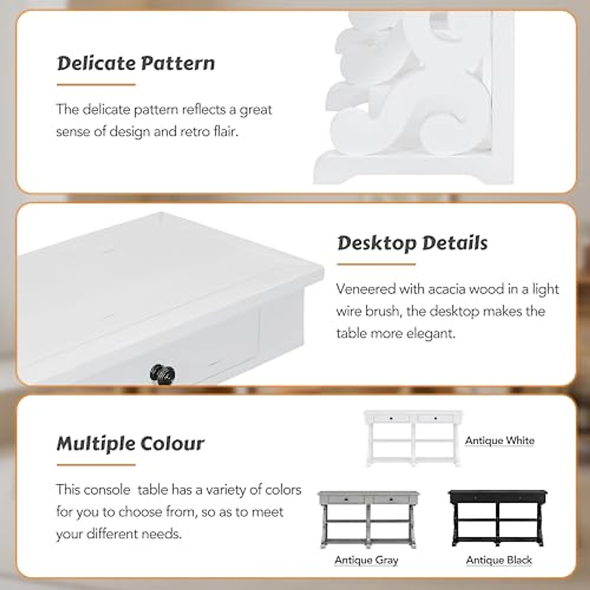 Rockjame Console Table, Retro Wood Sideboard with Ample Storage, Classic Accent Entryway Table with 2 Drawers and Open Adjustable Shelves for Entrance Dinning Room Living Room (Antique White)