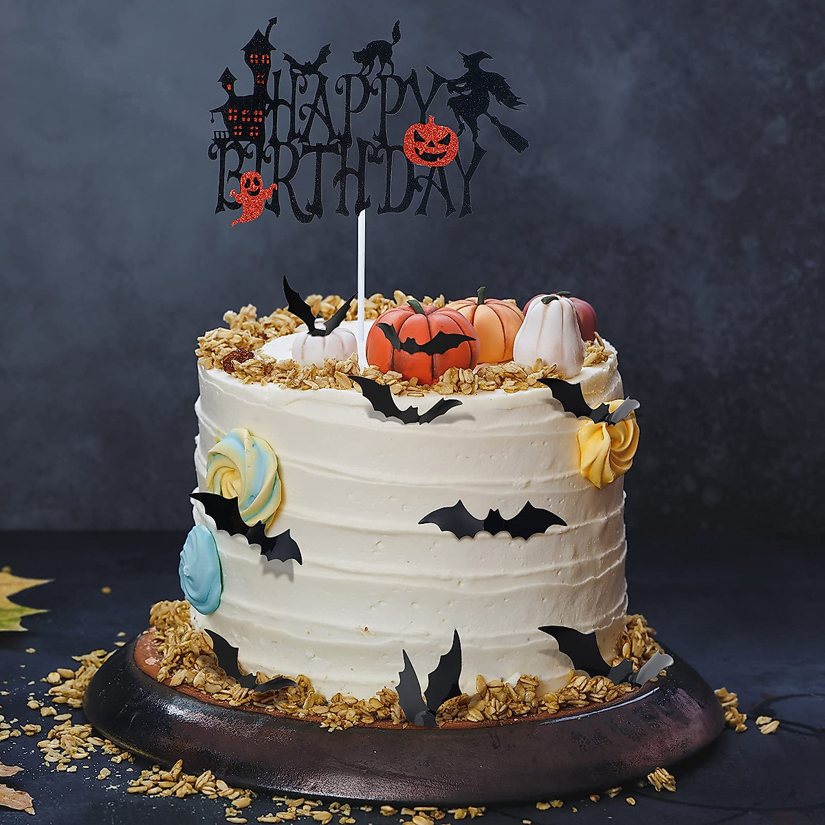 Halloween Happy Birthday Witch Cake Topper with 30 Pieces 3D Bats Cake Decoration Black Glittery Halloween Pumpkin Cake Topper Ghost Cake Picks for Birthday Halloween Party Supplies