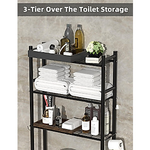 Livilord Over Toilet Storage Shelf, 3-Tier Freestanding Over The Toilet Storage, Metal Bathroom Shelves with Paper Holder and 4 Hooks, Above Toilet Shelf for Bathroom Storage, Black