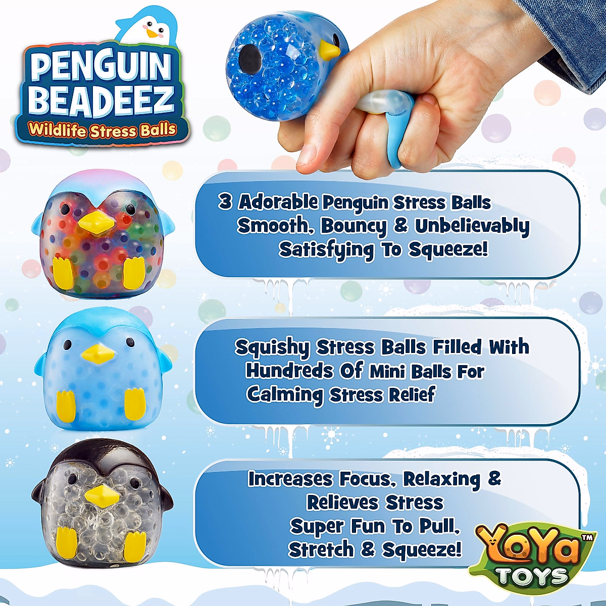 Penguin Stress Balls 3-Pack - Squishy Squeeze Fidget Ball Set for Stress Relief, Autism, ADHD - Cute Penguin Lovers Gift - Includes Blue, Black, Colorful Animal Squishies - Fun & Relaxing to Squish