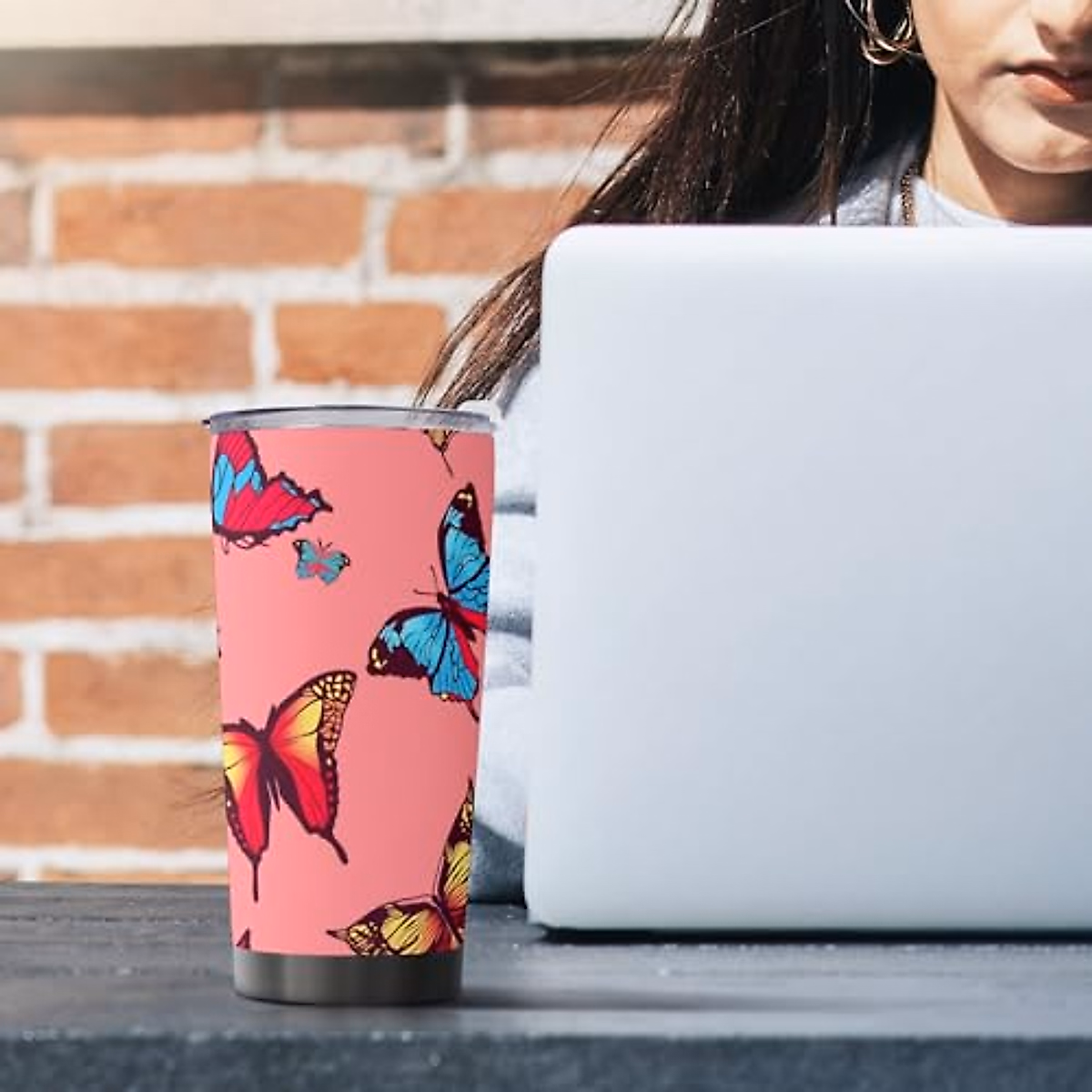 QWEUIOP 20oz Insulated Travel Coffee Mug Retro Butterfly Stainless Steel Tumbler with Lid Double Wall Vacuum Coffee Cup For Hot and Cold Drinks14055