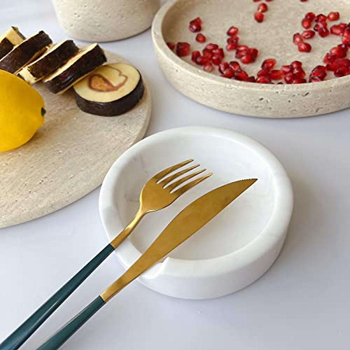 StonePlus Natural Marble Round Small Spoon Rest for Stove Top Spatula Fork Ladle Utensil Rest Keeper,Cooking Spoon Organizer,Kitchen Tool Spoon Holder (Jazz White)