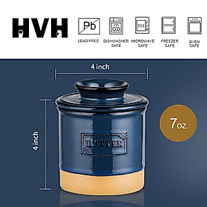 HVH Ceramic Butter Crock, French Butter Dish with Lid for Countertop, Butter Keeper for Counter, Butter Crock with Water, Butter Holder for Soft Butter, Farmhouse Style(Blue)