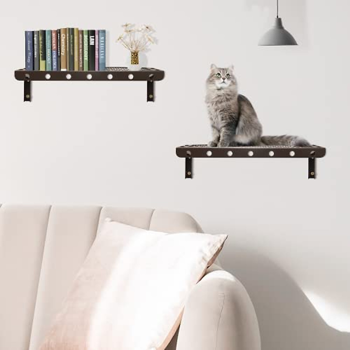 Sedesbon Floating Shelves Set of 2, Metal Shelves, Wall Mounted Shelves, Metal Panels, Folding, for Living Room, Kitchen, Bathroom, Garage, Brown with Hooks.