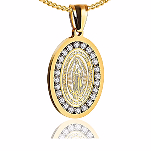 Heavstjer Fashion Stainless Steel Santa Maria Guadalupe Pendant Crystal Necklace(Gold)