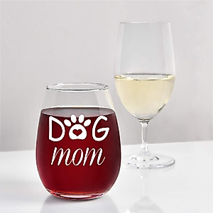 Dog Mom Funny Stemless Wine Glass 15Oz for Women, Dog Lover, Mom, Mother, Wife from Daughter Son Husband