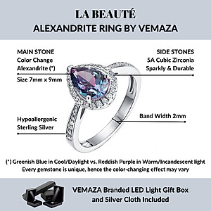 VEMAZA Color Change Alexandrite Ring Sterling Silver Halo Pear Shape TearDrop Statement Engagement Rings For Women (La Beaute, 8)