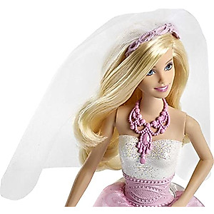 Barbie Bride Doll in Fairytale-Inspired White and Pink Wedding Dress with Ring, Veil and Bouquet, Blonde Hair