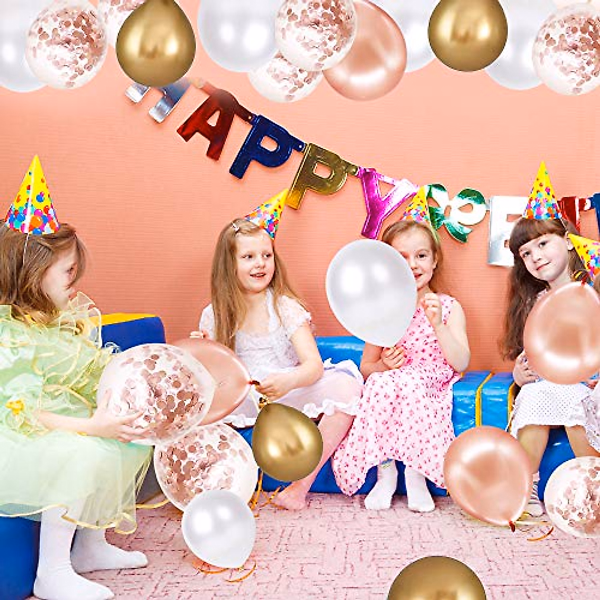 Rose Gold Confetti Latex Balloons, 60 Pack White Gold Balloon 12 inch Birthday Balloons with Gold Ribbon for Party Wedding Bridal Shower Decorations