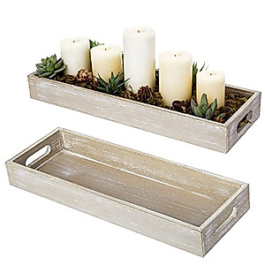 MyGift 16 x 6 Inch Rustic White Wood Decorative Serving Trays with Cutout Handles, Long Rectangular Ottoman Tray Centerpiece, Set of 2