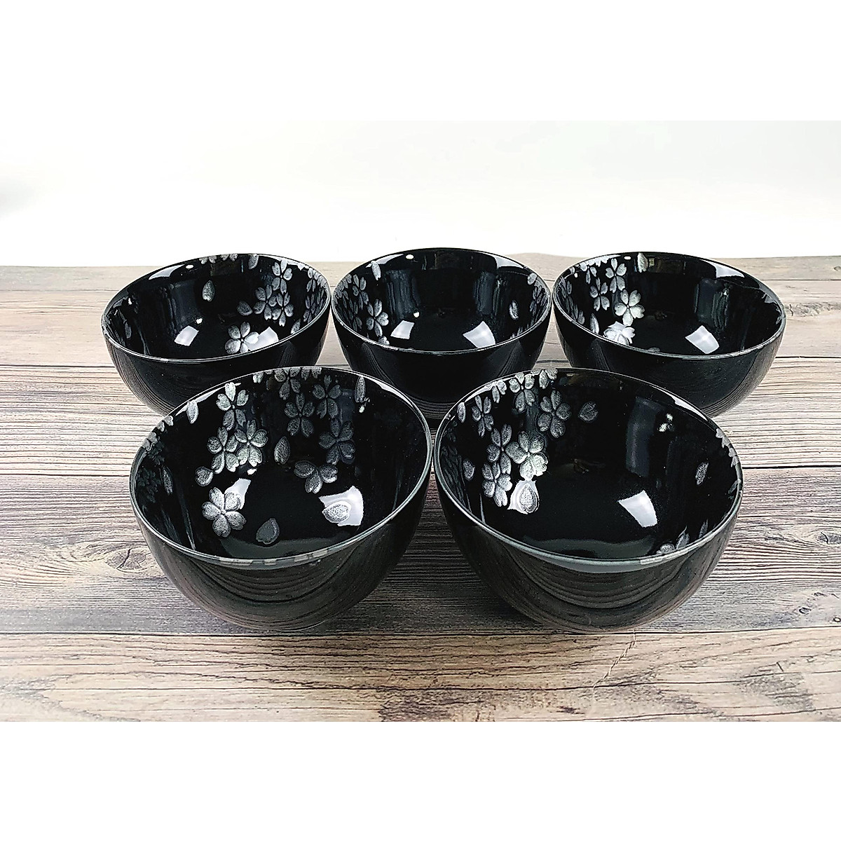 JapanBargain 4690, Japanese Porcelain Rice Bowls Gift Set,Cherry Blossom Sakura Pattern Miso Soup Bowls, Black and Silver Color, Set of 5, Made in Japan