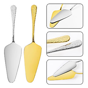 Ymeibe Stainless Steel Cake Server Pack of 10 Hammered Pie Holder Transfer Triangular Spade Spatula Serrated Edge for Pizza Cake Baking Safe in Dishwasher (Gold)