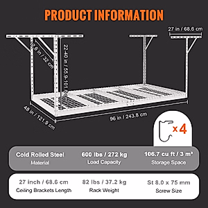 VEVOR Overhead Garage Storage Rack, 4x8 Garage Ceiling Storage Racks, Heavy Duty Adjustable Cold Rolled Steel Racks for Garage Storage, Organization, 600 lbs Load Capacity, 22''-40"