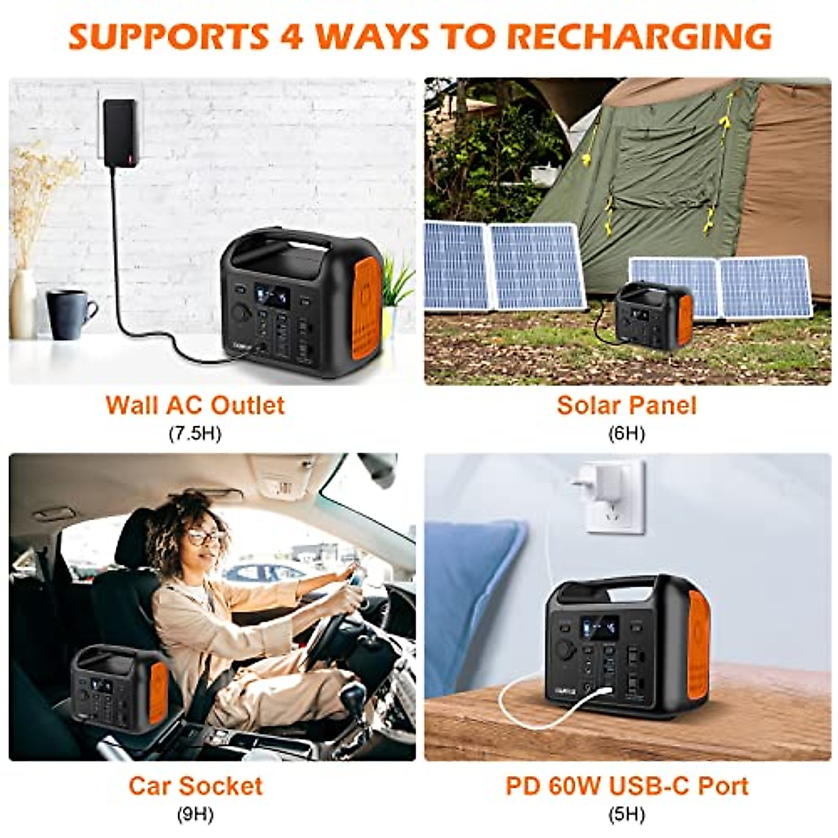 DLNRG R300 299Wh Portable Power Station, 300W Pure Sine Wave Solar Generator 93437mAh Backup LiFePO4 Battery 110V 2 AC Outlets,PD 60W USB-C in/out,Dual 12V/120W Ports outdoor generator for Camping,RV,CPAP Orange