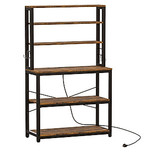 Rovaurx Standing Baker's Rack with Power Outlets, Microwave Oven Stand, Industrial Kitchen Cart Storage Shelf Organizer, Rustic Brown KTJZ001A
