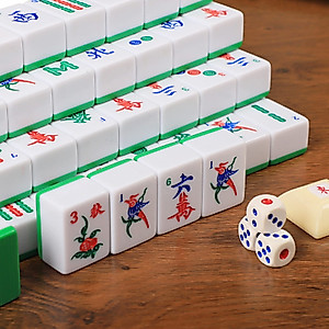 GUSTARIA Chinese Mahjong Set, Mahjong Game Set with 146 Numbered Large Tiles (1.5", Green), Mahjongg Tiles Set with Brown Carrying Case (Mah Jongg, Majiang)