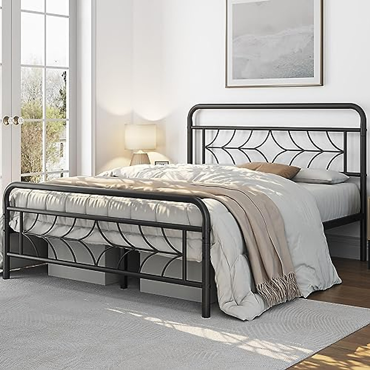 Topeakmart Queen Bed Frames Metal Platform Bed with Sparkling Star-Inspired Design Headboard and Footboard/13 Inch Underbed Storage/No Box Spring Needed/Sturdy Slat Support, Black Queen Bed