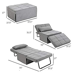 HOMCOM 4-in-1 Design Convertible Sofa Tea Table Lounge Chair Single Bed with 5-Level Adjustable Backrest, Footstool and Metal Frame for Living Room Bedroom, Grey