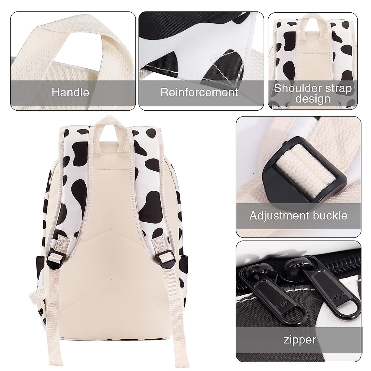 Cow Print School Backpack for Girls, Kids Teen School Bags Bookbags with Lunch Box and Pencil Case