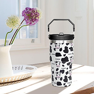 Hachishun Cute Cow Tumbler with Handle, Stainless Steel Vacuum Insulated Flip Straw 20 oz Cow Tumbler Spill Proof Coffee Travel Mug Cow Gifts for Women