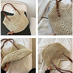 Summer Casual Straw Tote Bag Large Capacity Woven Shoulder Handbag for Summer Beach Vocation (A-beige)