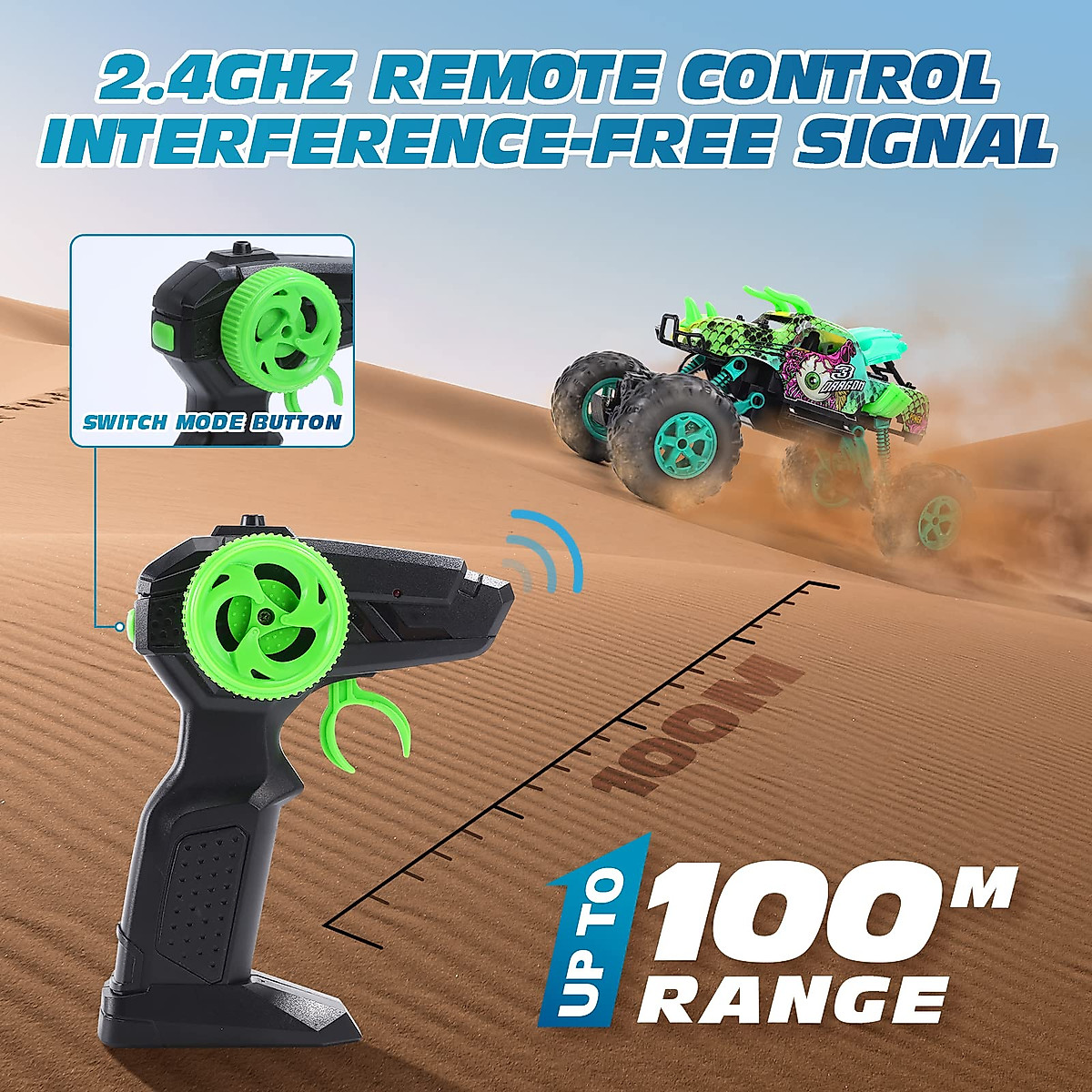 Holyton Remote Control Cars, 1:12 Large Scale Dinosaur Monster RC Trucks, 4WD Liftable Chassis Off Road Rock Crawler for Kids, 2 Batteries for 60+ Minutes Play, RC Car Toys Gift for Boy & Girls