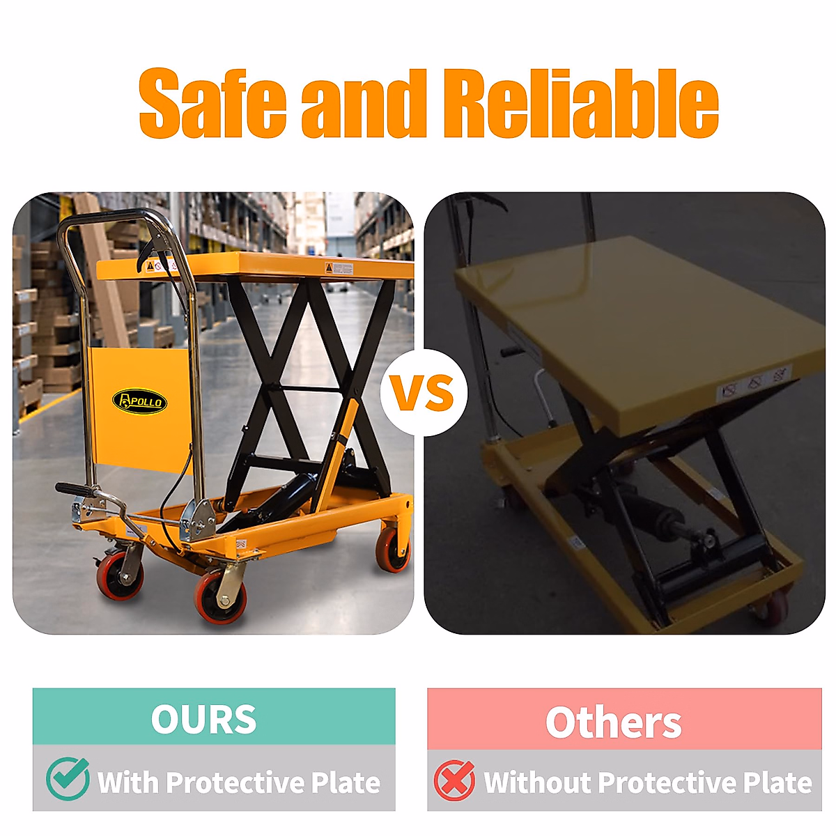 APOLLOLIFT Hydraulic Lift Table, 1100lbs Capacity 35.4" Lifting Height, Single Scissor Lift Table Cart with 4 Wheels and Safety Back Guard for Material Handling and Transportation